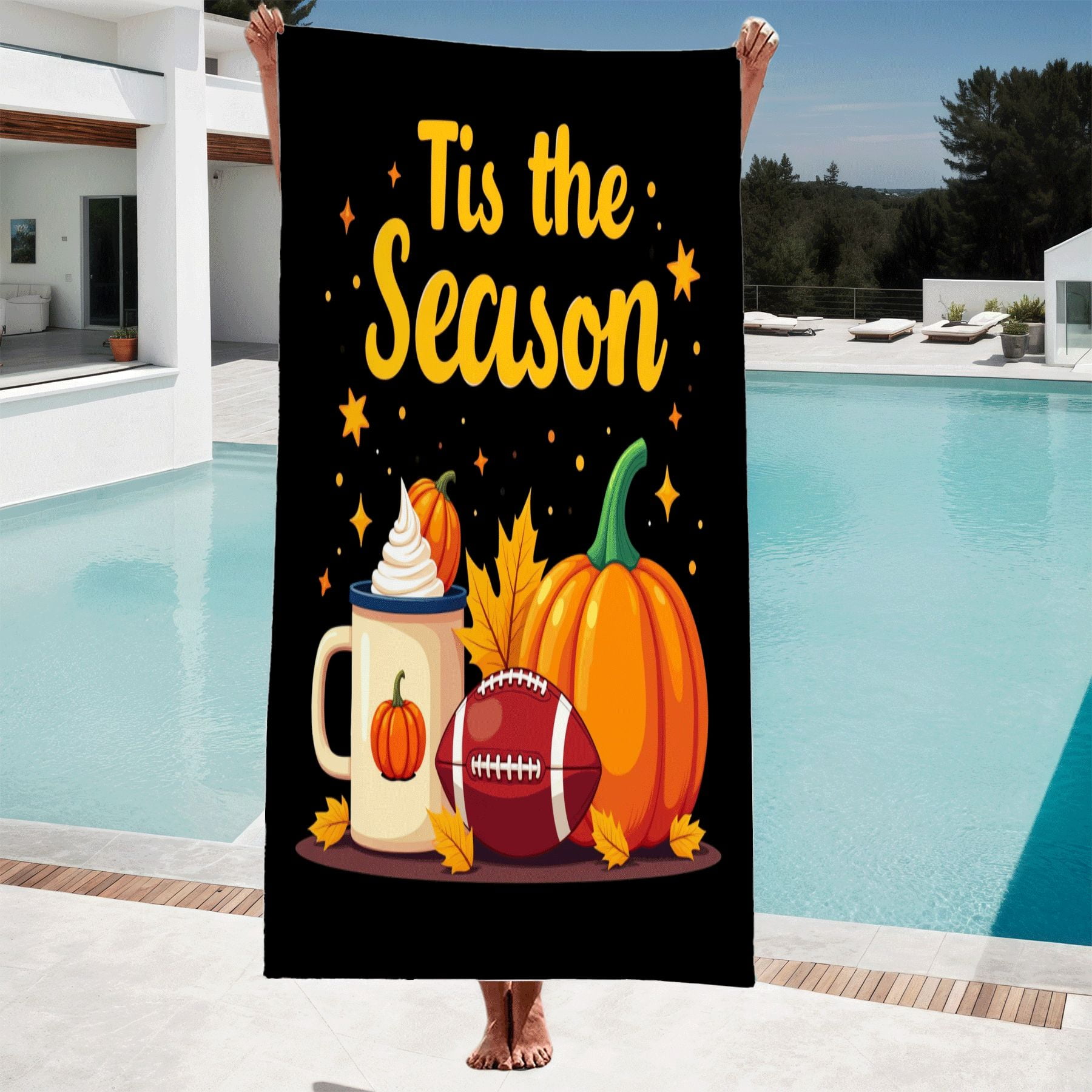 Festive Autumn Beach Towel - Pumpkin Football & Whipped Cream Design on ...