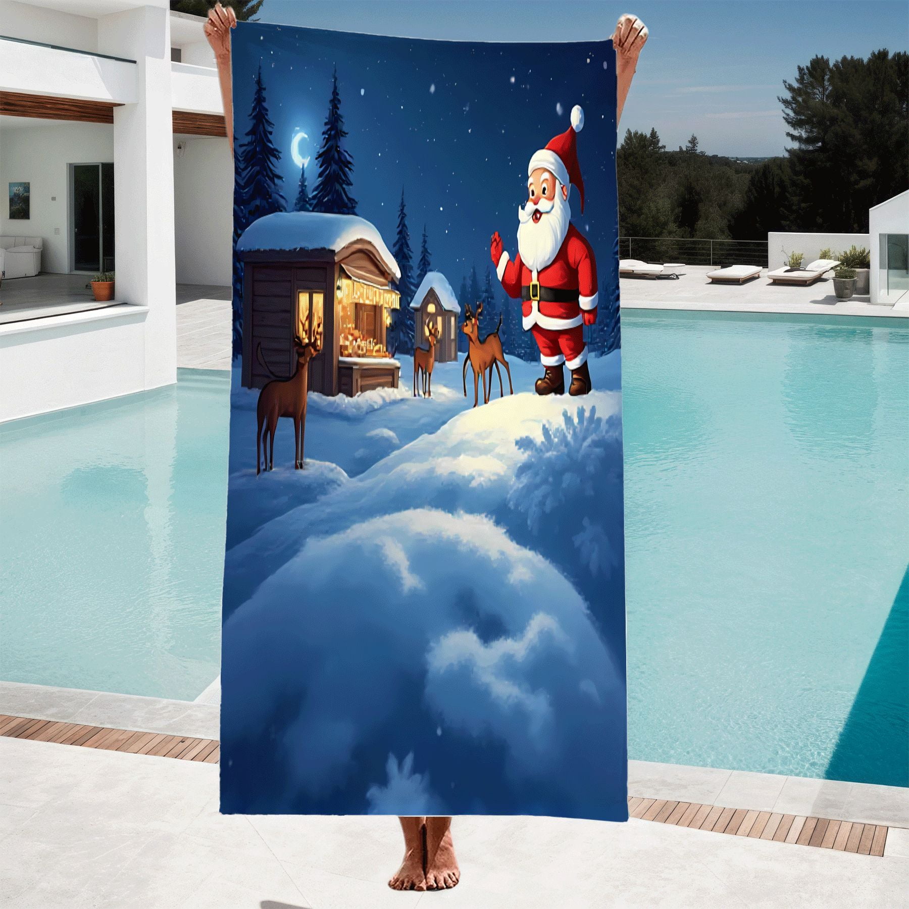Festive Bath Towel - Cozy Christmas Village Design with Reindeer ...