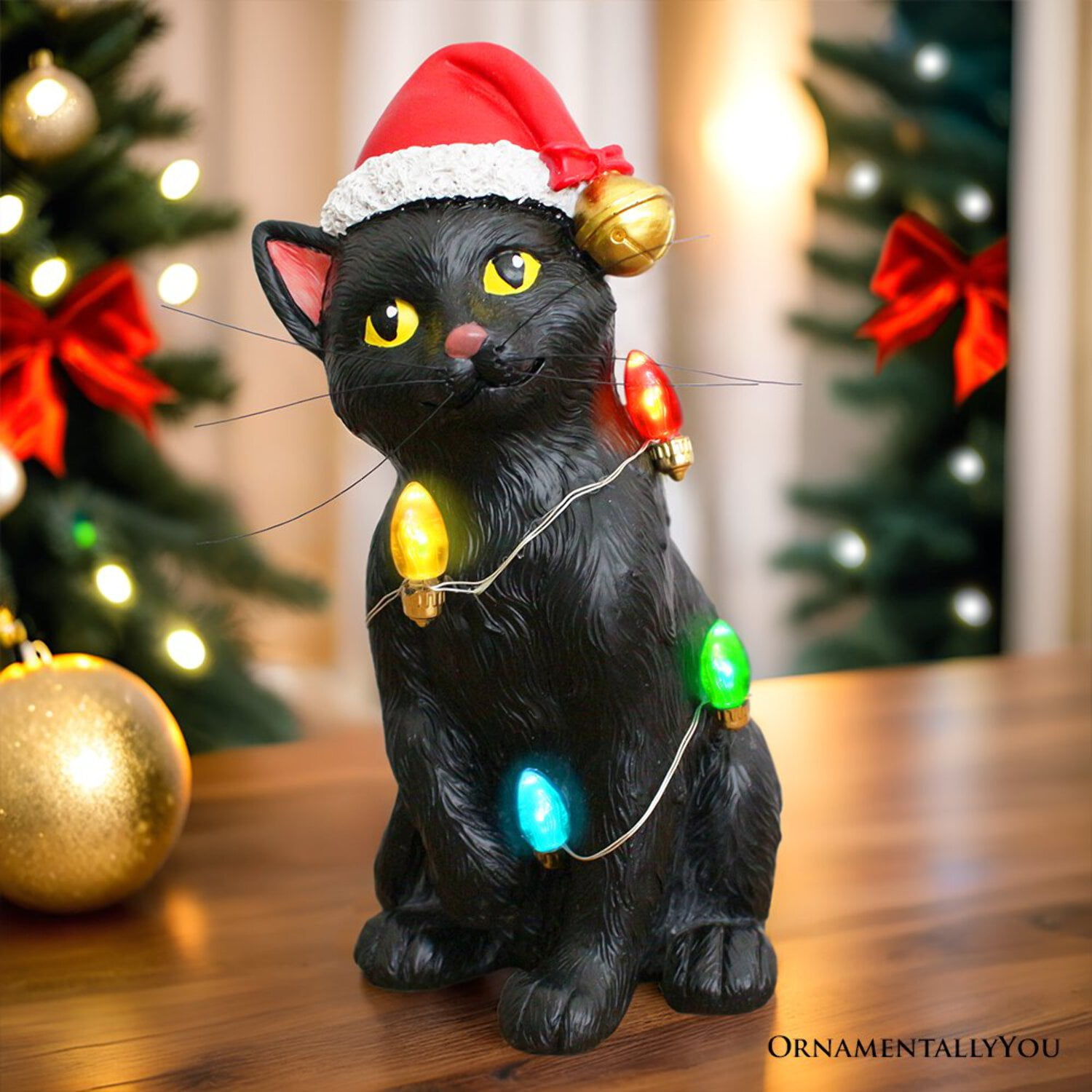 Festive Black Cat with LED Lights Figurine, 7" Cute Home Decor Statue ...