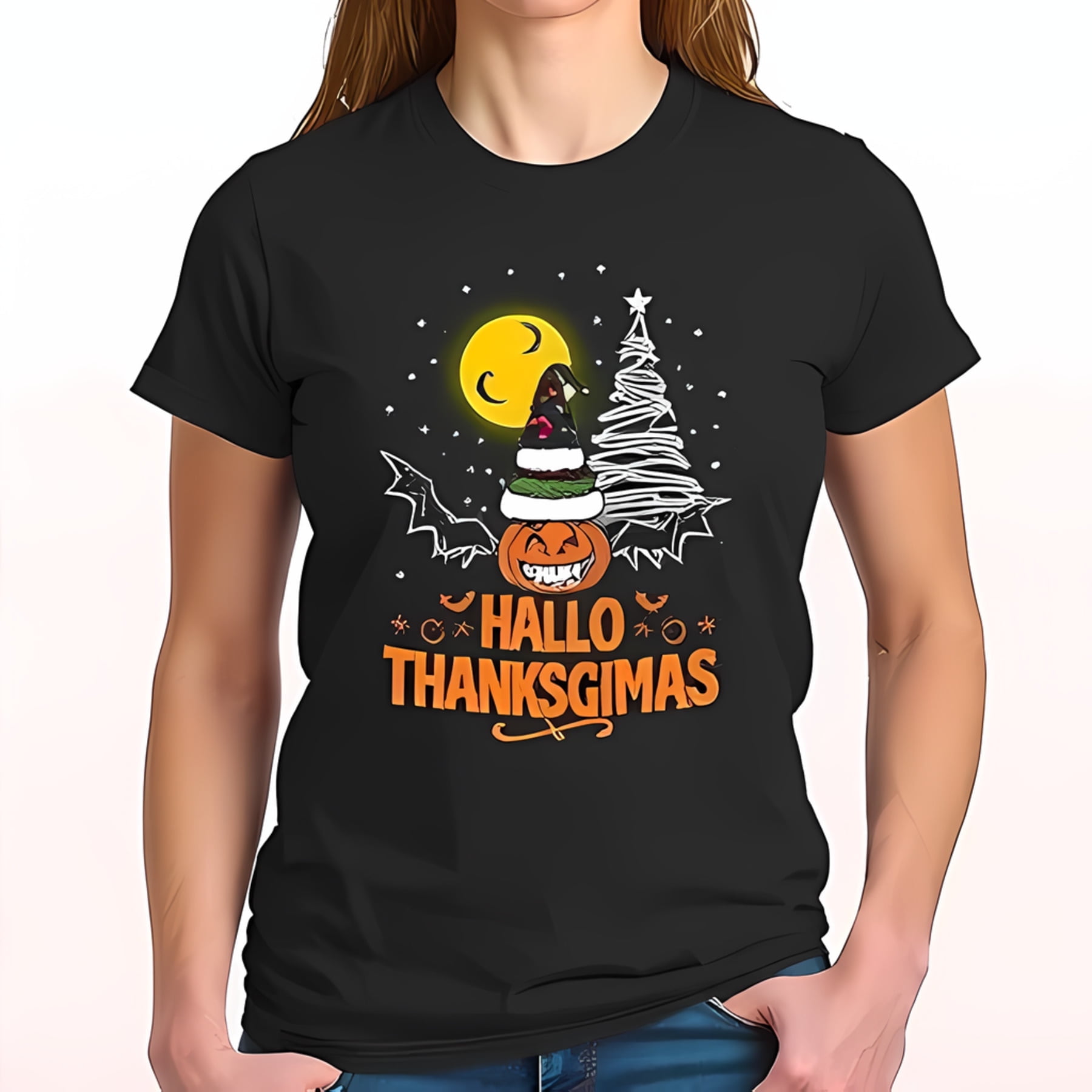 Festive Black Cotton Short Sleeve T-Shirt with Smiling in Santa Hat ...