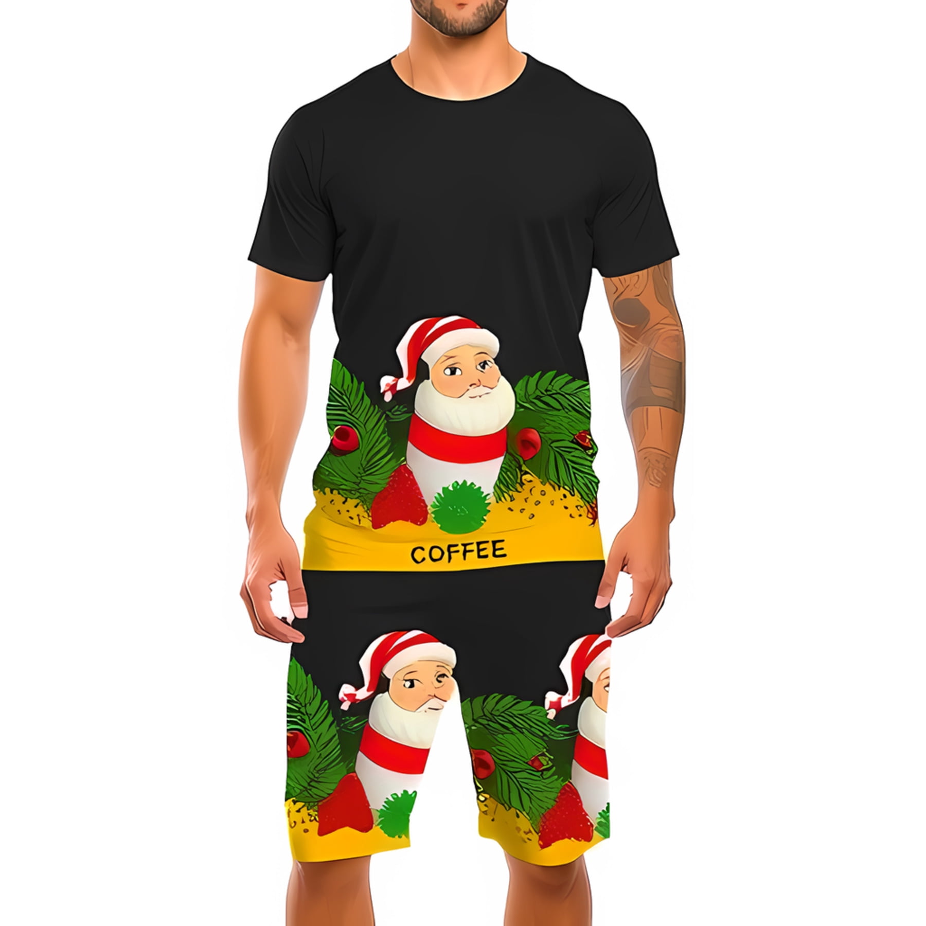 Festive Black & Gold Santa Claus Coffee Print Two-Piece T-Shirt ...
