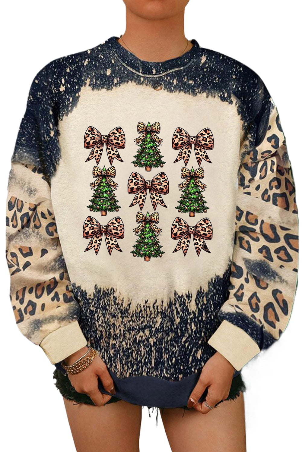 Festive Black Leopard Print Sweatshirt for Women – Tie Dye Bleached ...