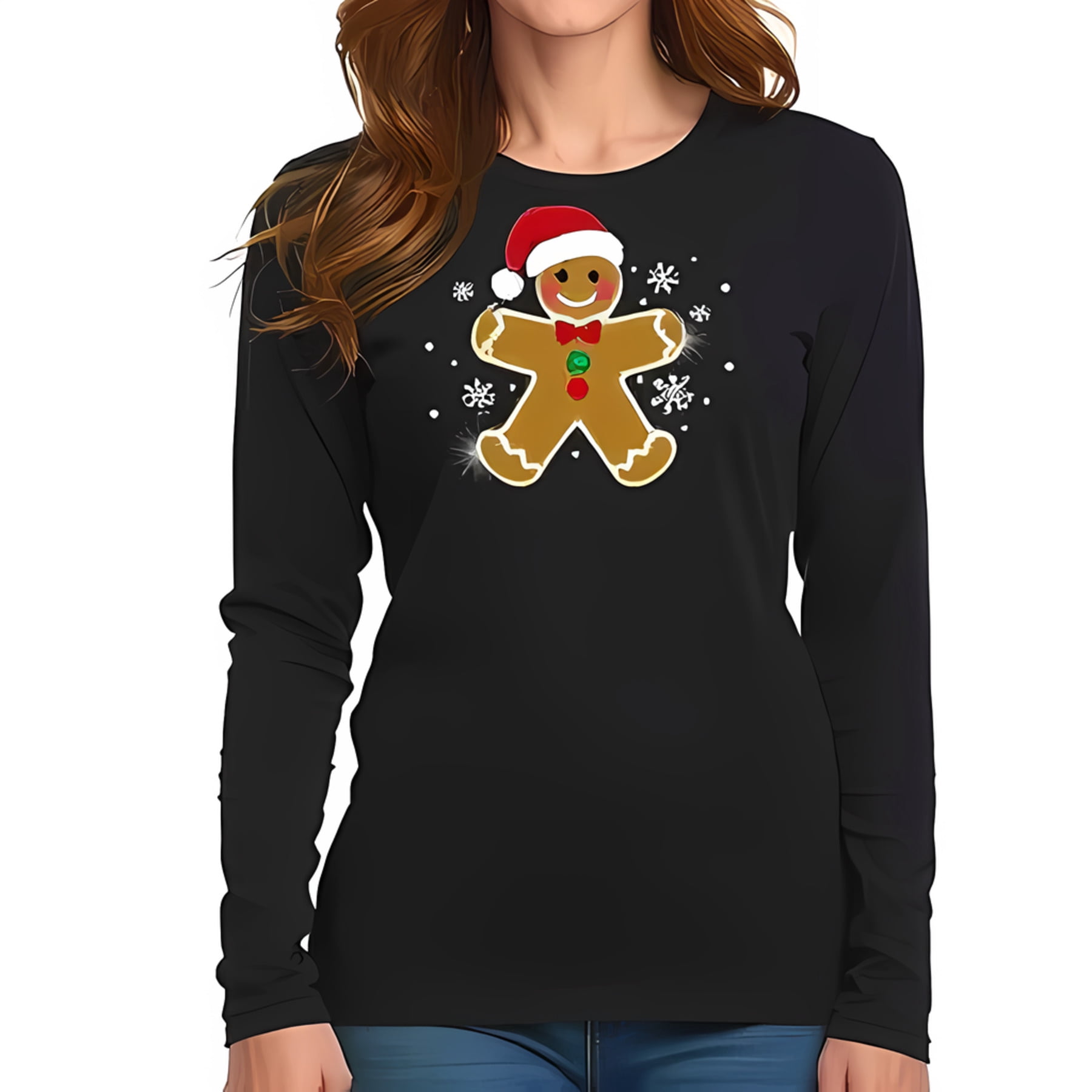 Festive Black Long Sleeve T-Shirt with Cheerful Gingerbread Man Design ...