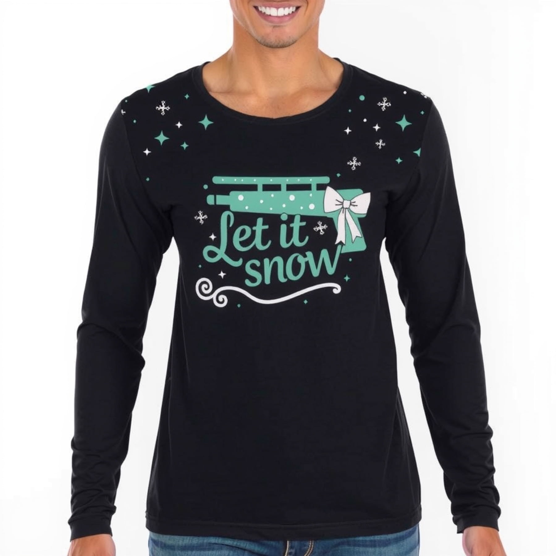 Festive Black Long Sleeve T-Shirt with Green Snow & 'Let it Snow ...