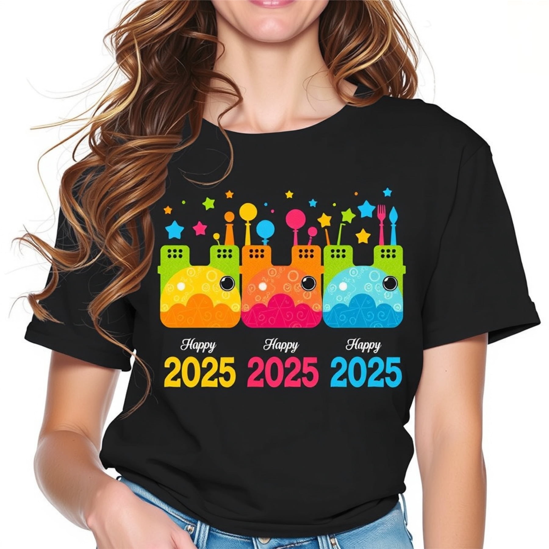Festive Black T-Shirt for New Year's 2025 - Colorful Cartoon Characters ...