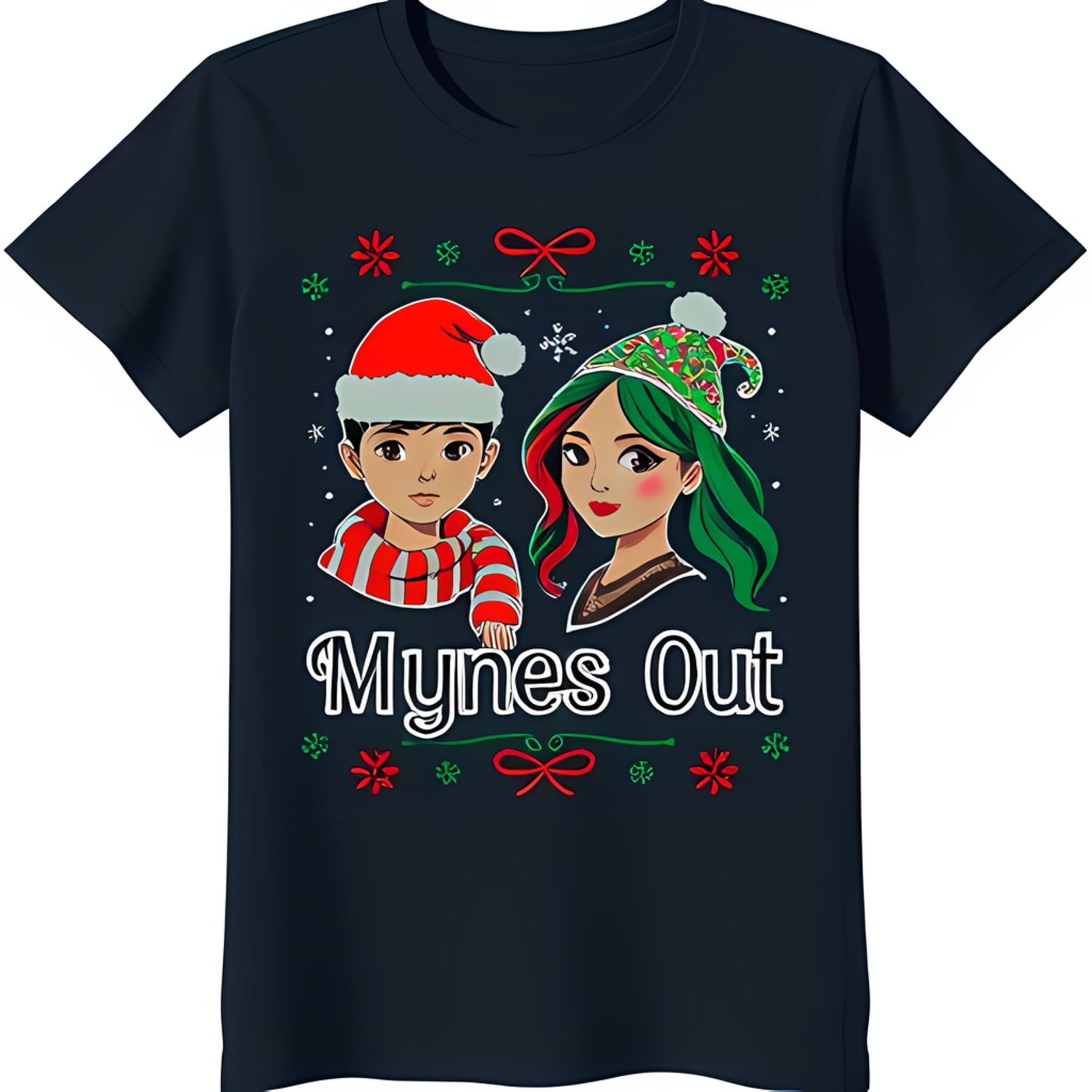 Festive Black T-Shirt with Cartoon Holding Hands & 'Mynes Out' Graphic ...