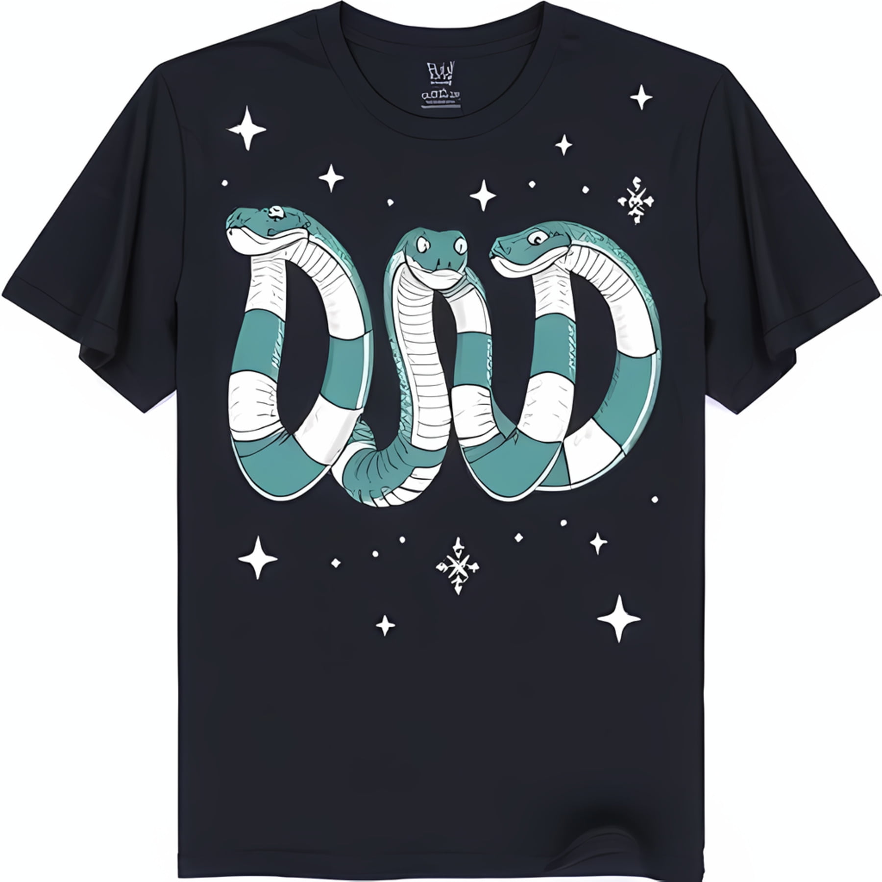 Festive Black T-Shirt with Cheerful Intertwined Green & White Snakes ...