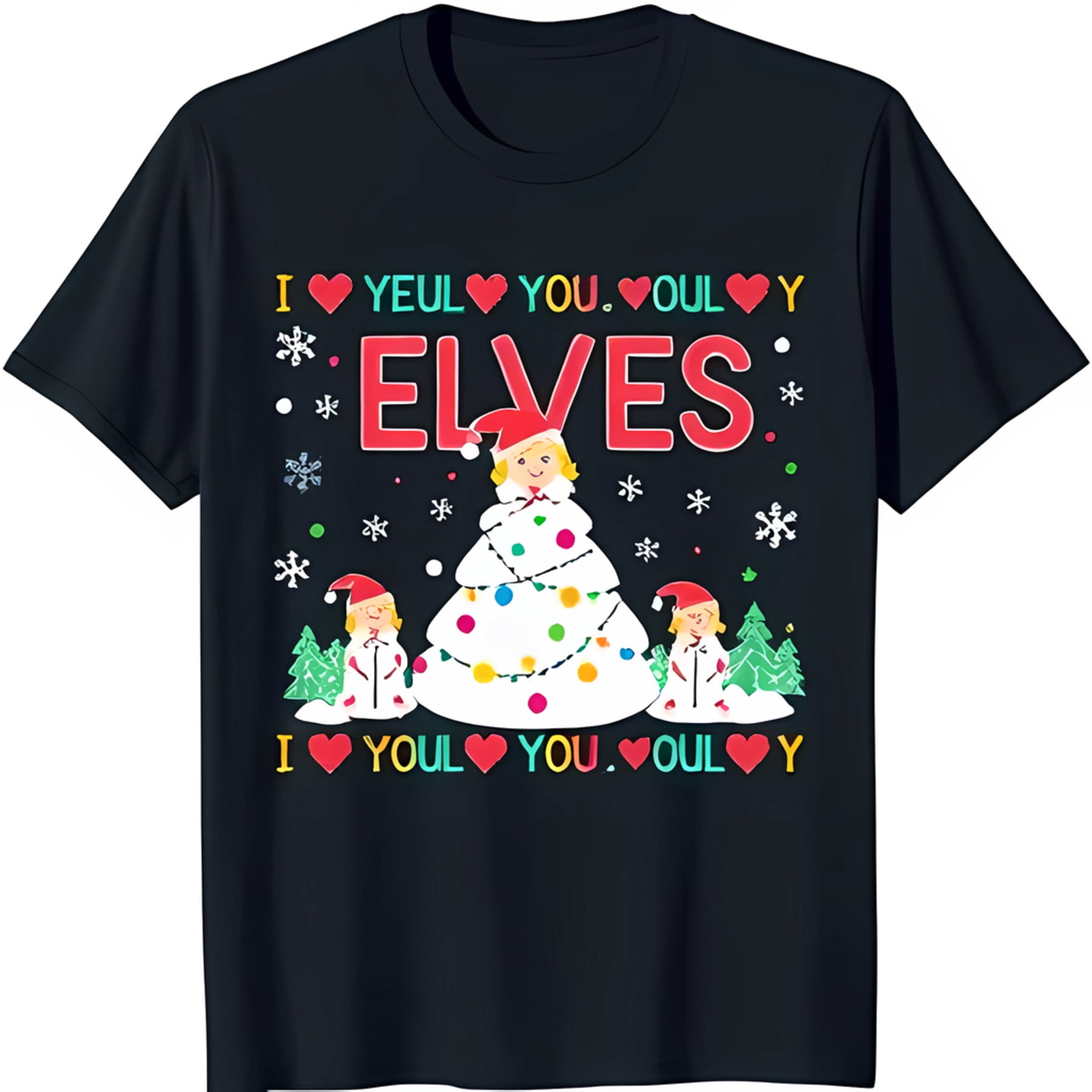 Festive Black T-Shirt with Playful Christmas Tree & Elves Graphic 'I ...