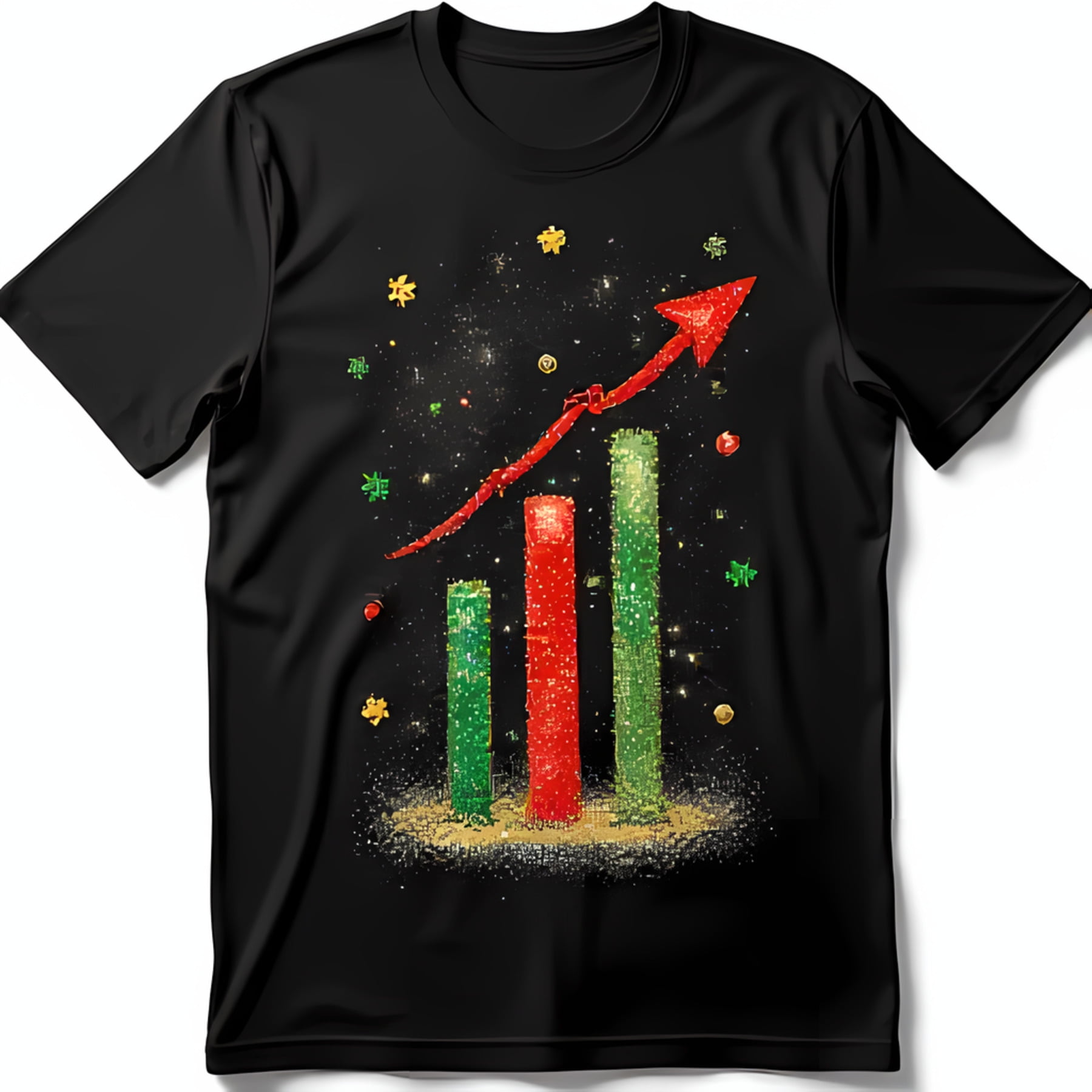 Festive Black T-Shirt with Sparkly Red & Green Bar Chart Graphic ...