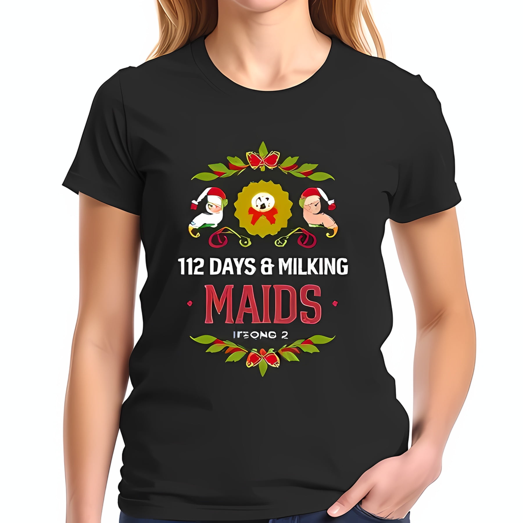 Festive Black T-Shirt with Whimsical Santa Hat Design - "112 Days ...