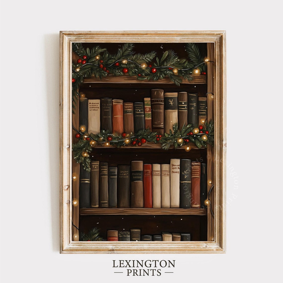Festive Bookshelf Print, Wall Art, Book Lover Gift Holiday Poster, Dark ...