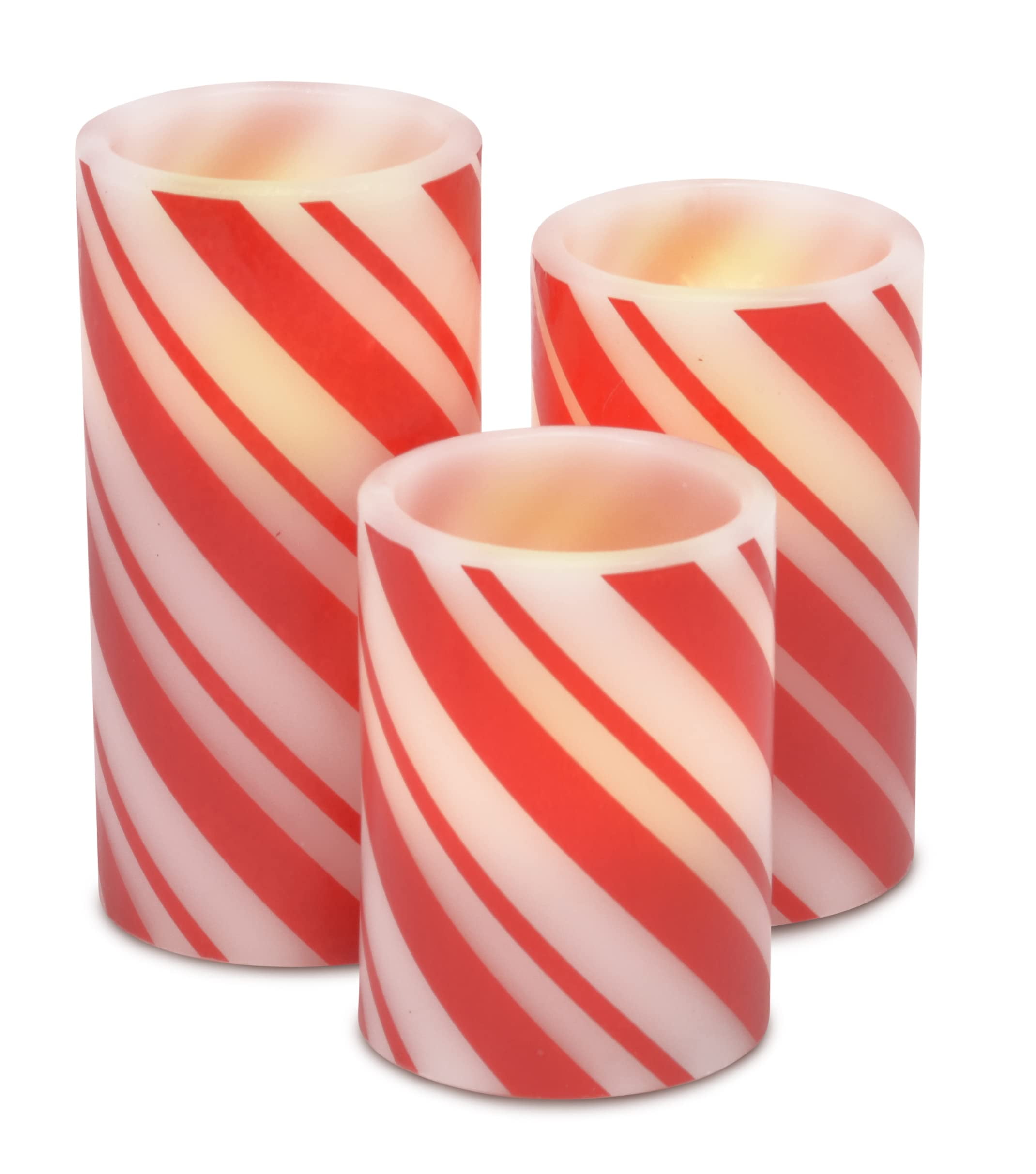 Festive Candy Cane Stripe LED Flameless Pillar Candles - Set of 3, 6 ...