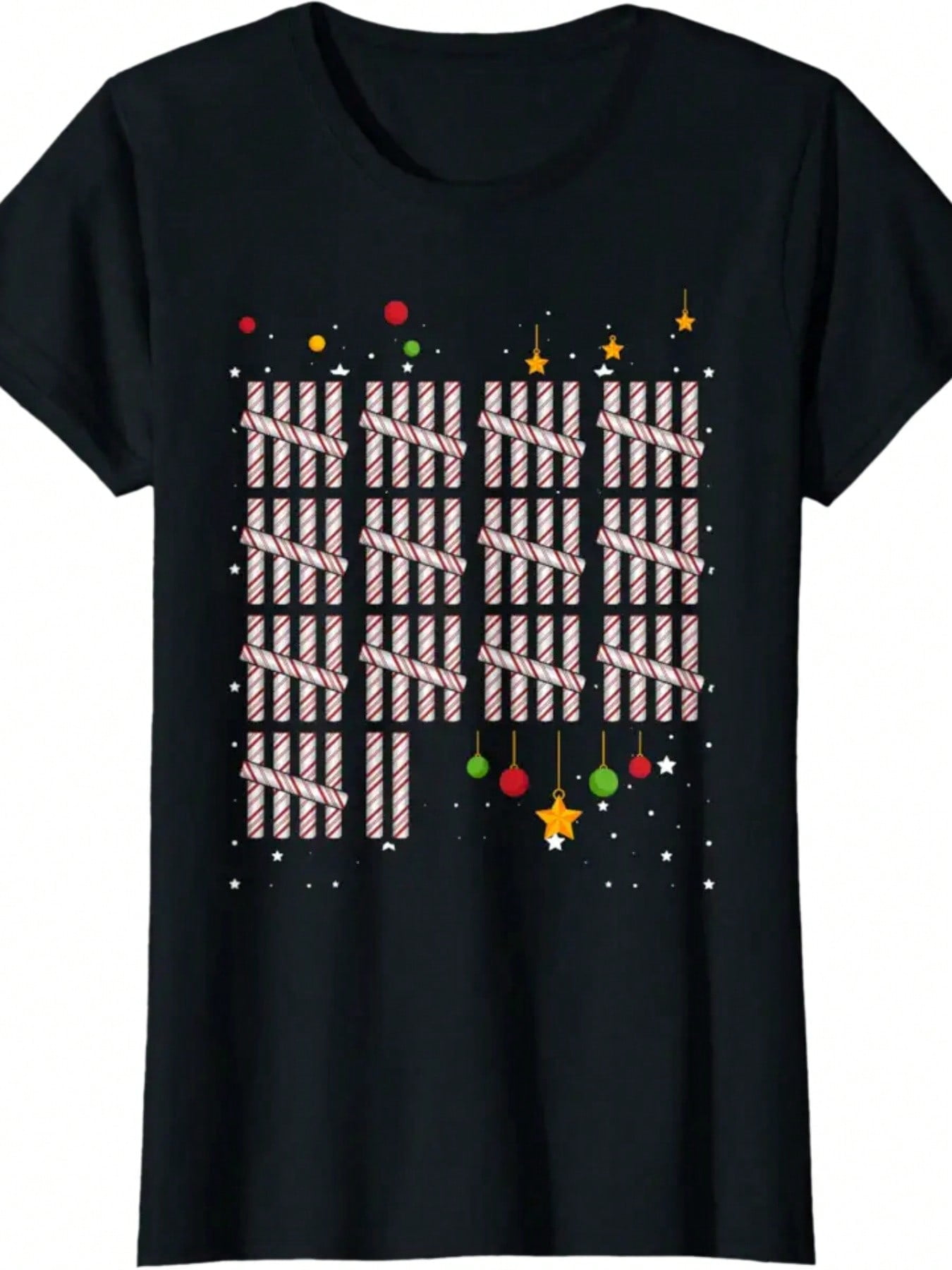 Festive Candy Cane Tally Mark Pattern Graphic Short Sleeve Women T ...