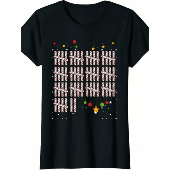 Festive Candy Cane Tally Mark Pattern Graphic Short Sleeve Women T ...