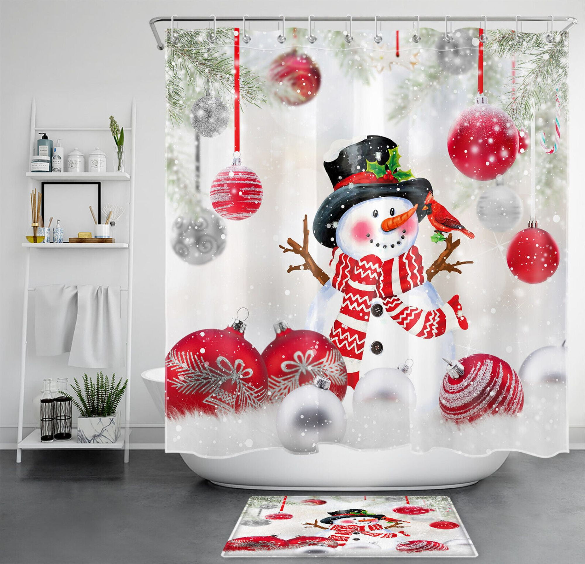 Festive Cardinal Snowman Christmas Shower Curtain Set With Red