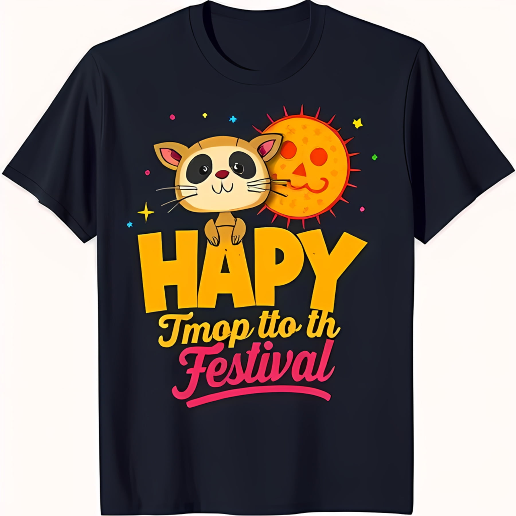 Festive Cartoon Cat T-Shirt Happy Design with Smiling Sun & Playful ...