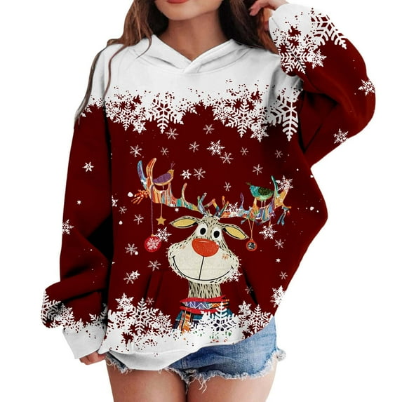 Festive Cartoon Deer Christmas Hoodie for Children, Green and White ...