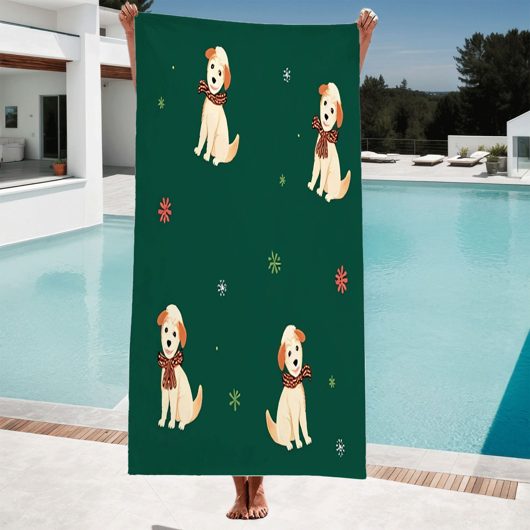 Festive Cartoon Dogs Holiday Towel - Cheerful Light Brown Dogs in Red ...