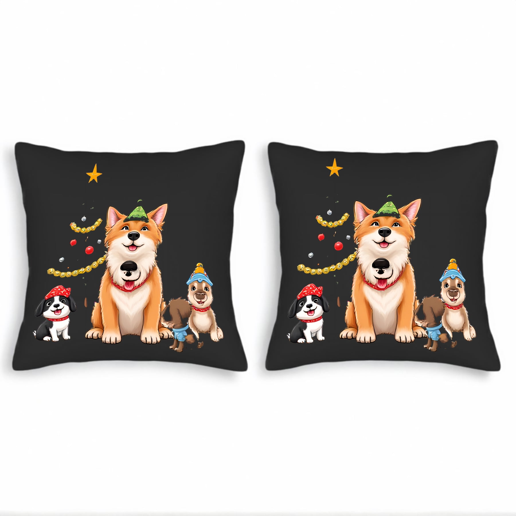 Festive Cartoon Dogs Throw Pillow Covers 18x18in Set of 2 - Perfect for ...