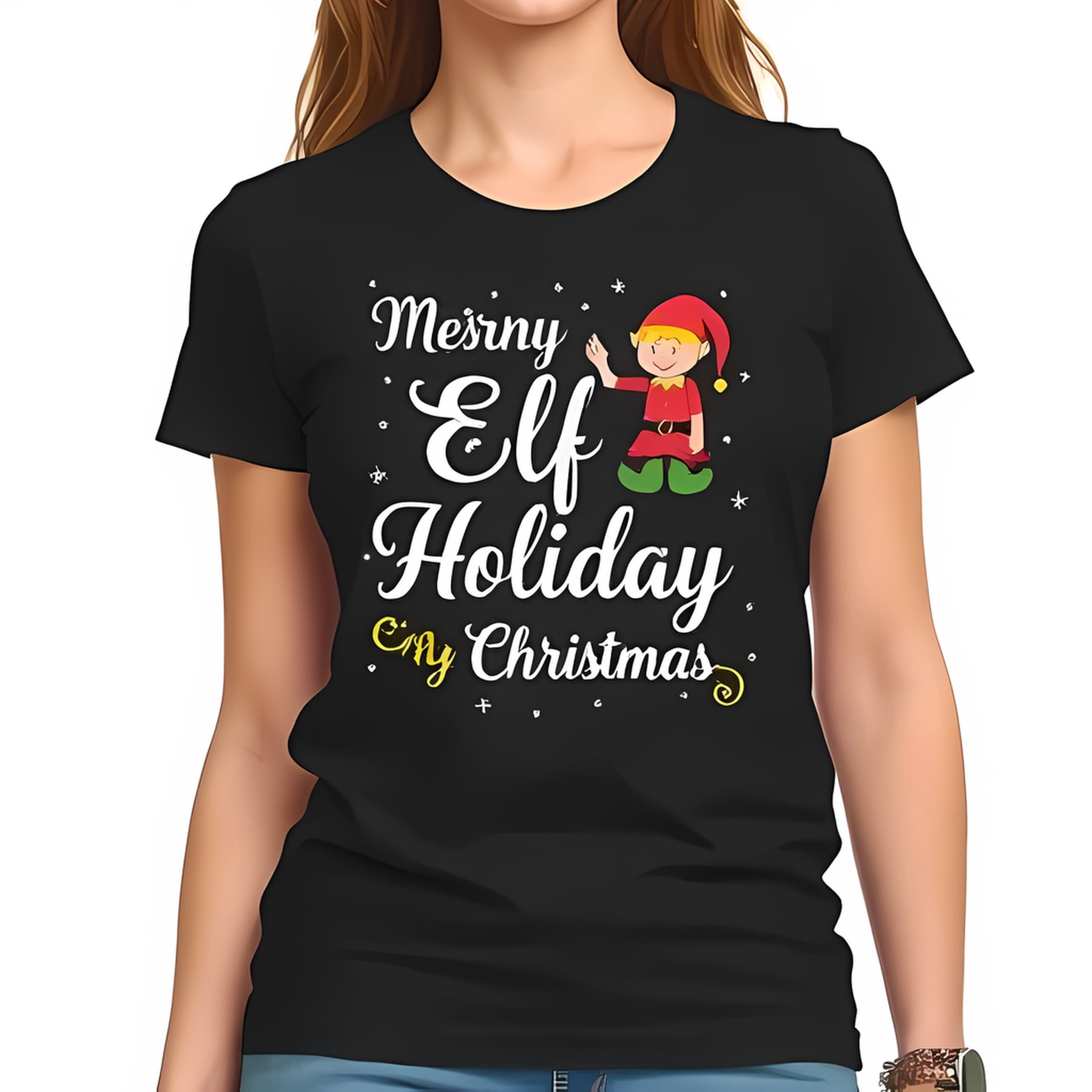 Festive Cartoon Women's T-Shirt "Mesrny Holiday C'ny Christmas ...