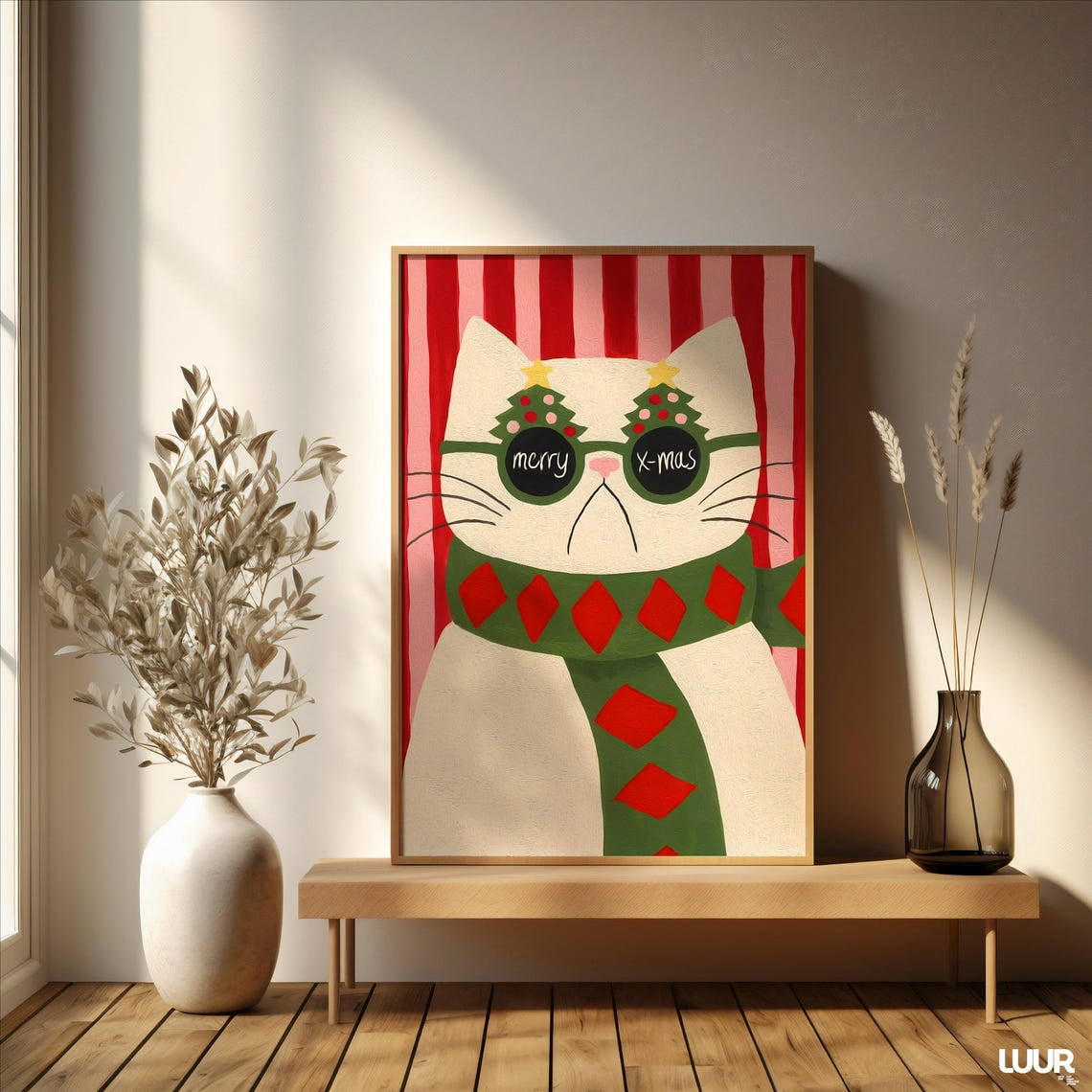 Festive Cat Illustration Red and Green Whimsical Wall Art, Unframed ...