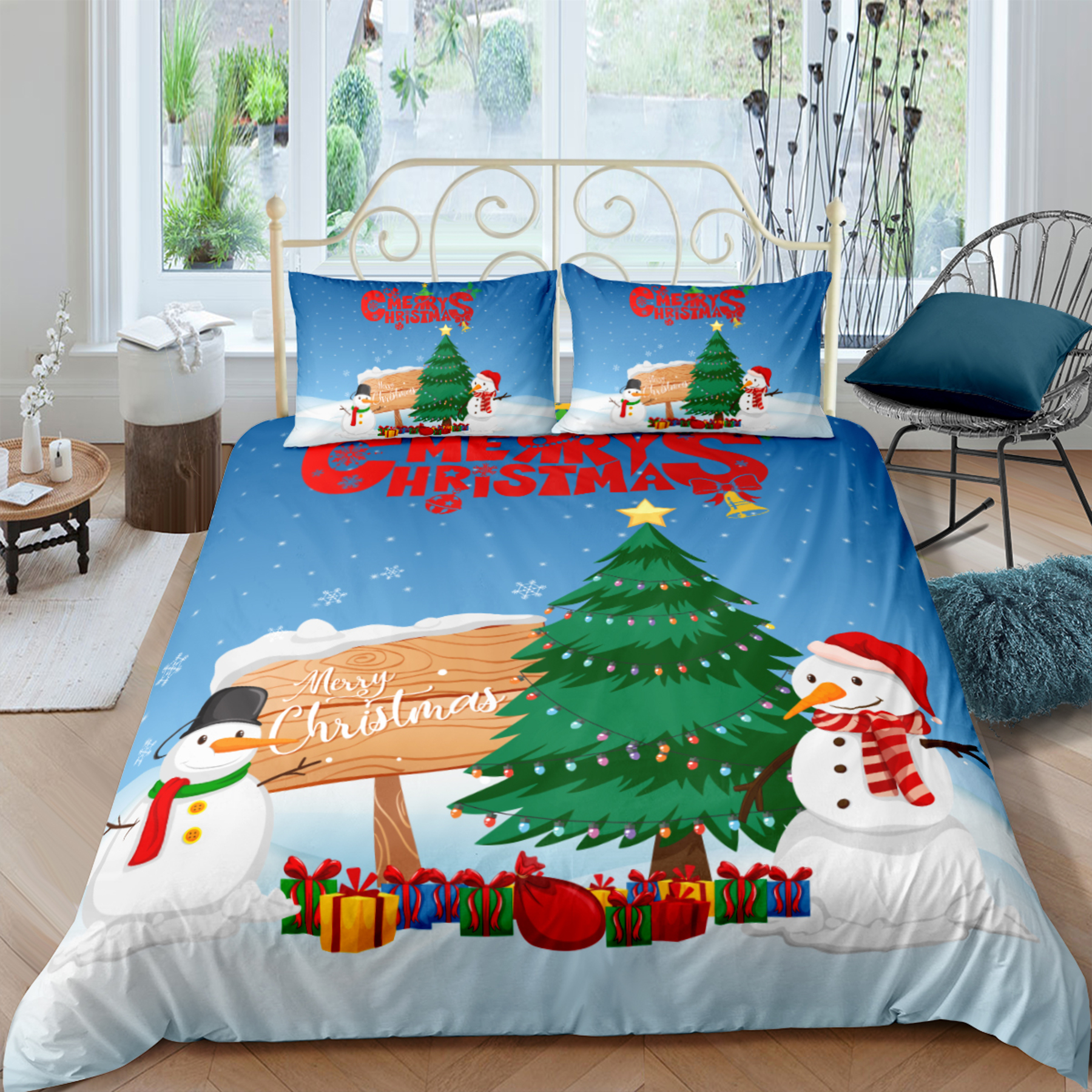 Festive Christmas Bedding Set Cheerful Blue Comforter with Snowflakes ...
