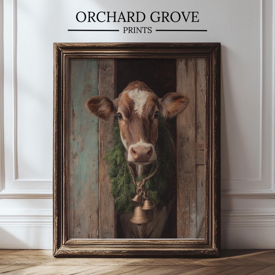 Festive Christmas Cow Print, Rustic Farmhouse Wall Art, Cozy Christmas ...