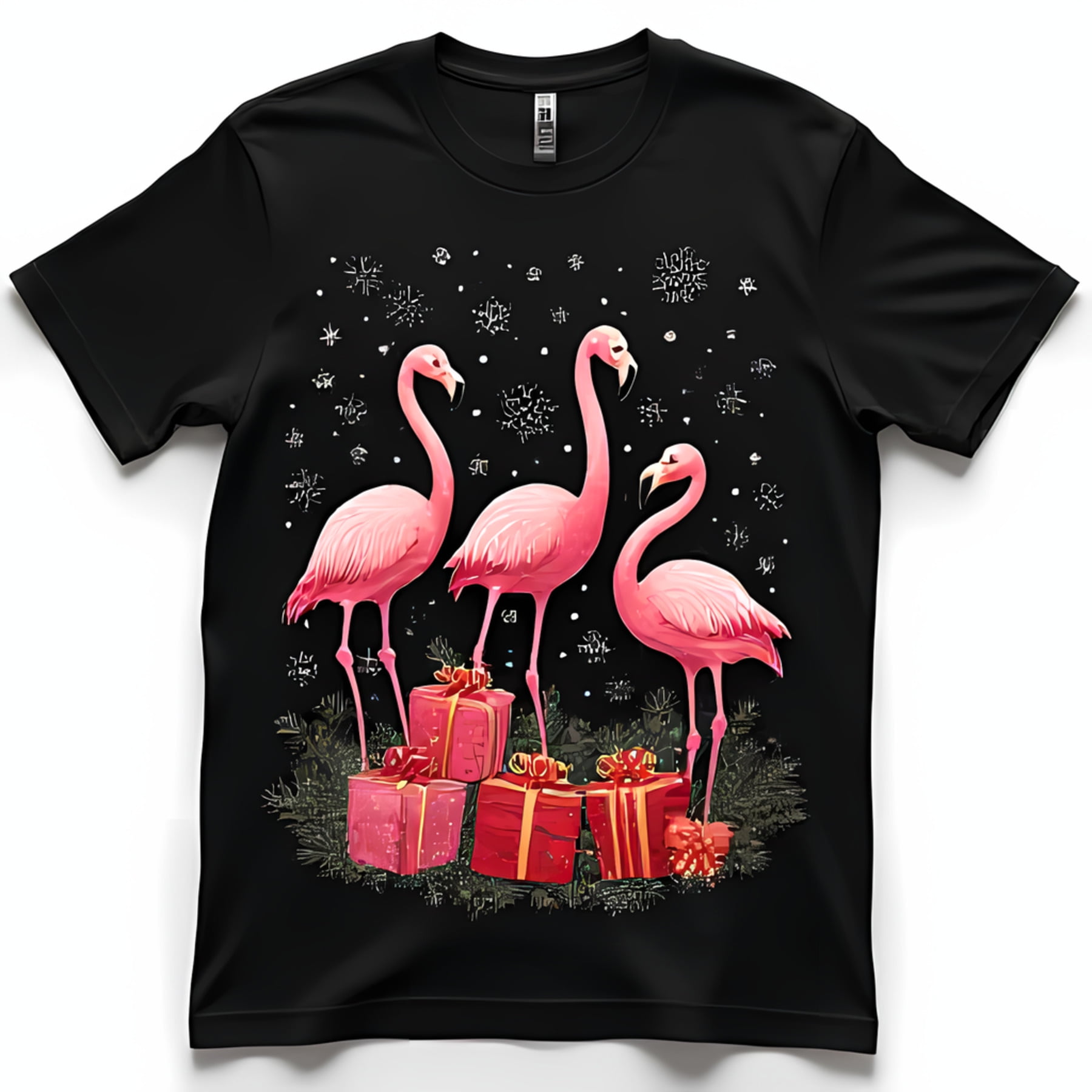 Festive Christmas Flamingos T-Shirt Black Tee with Snowflakes ...