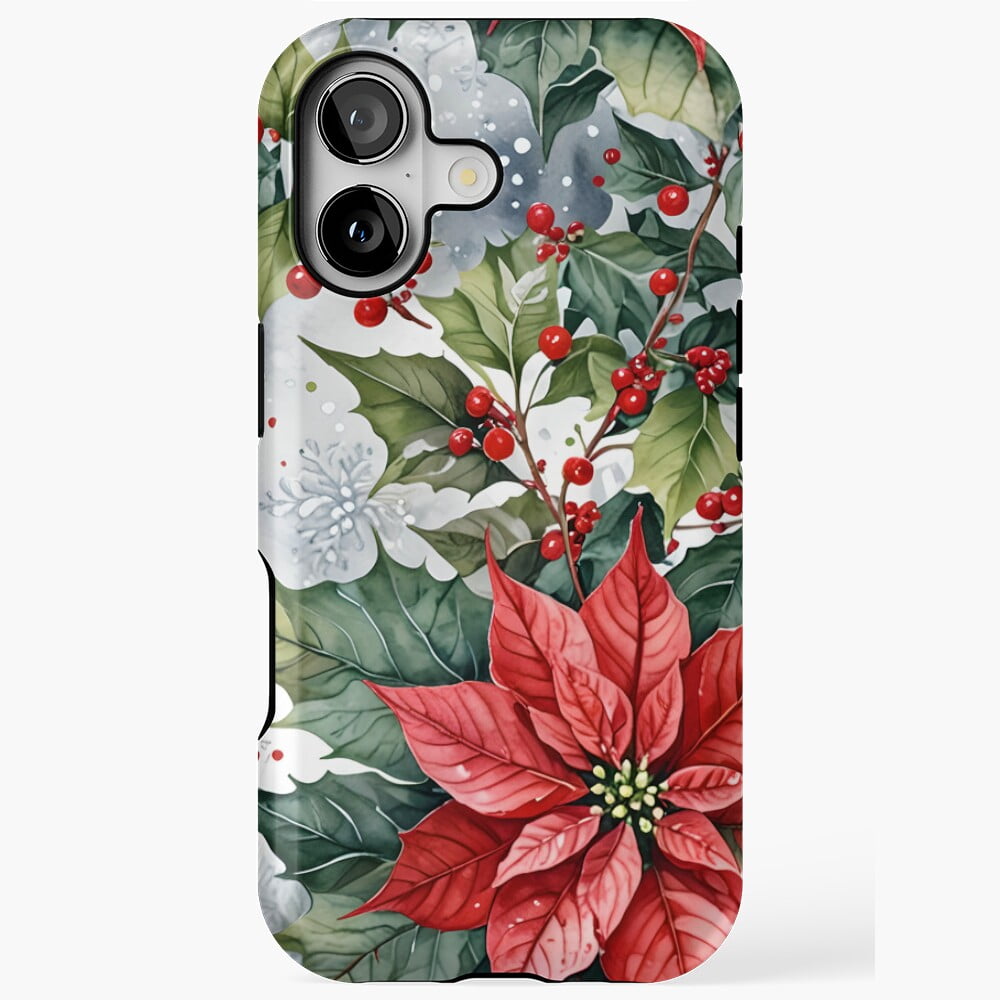 Festive Christmas Holly Art Case for iPhone 11 12 13 14 15 16 17 Pro ...
