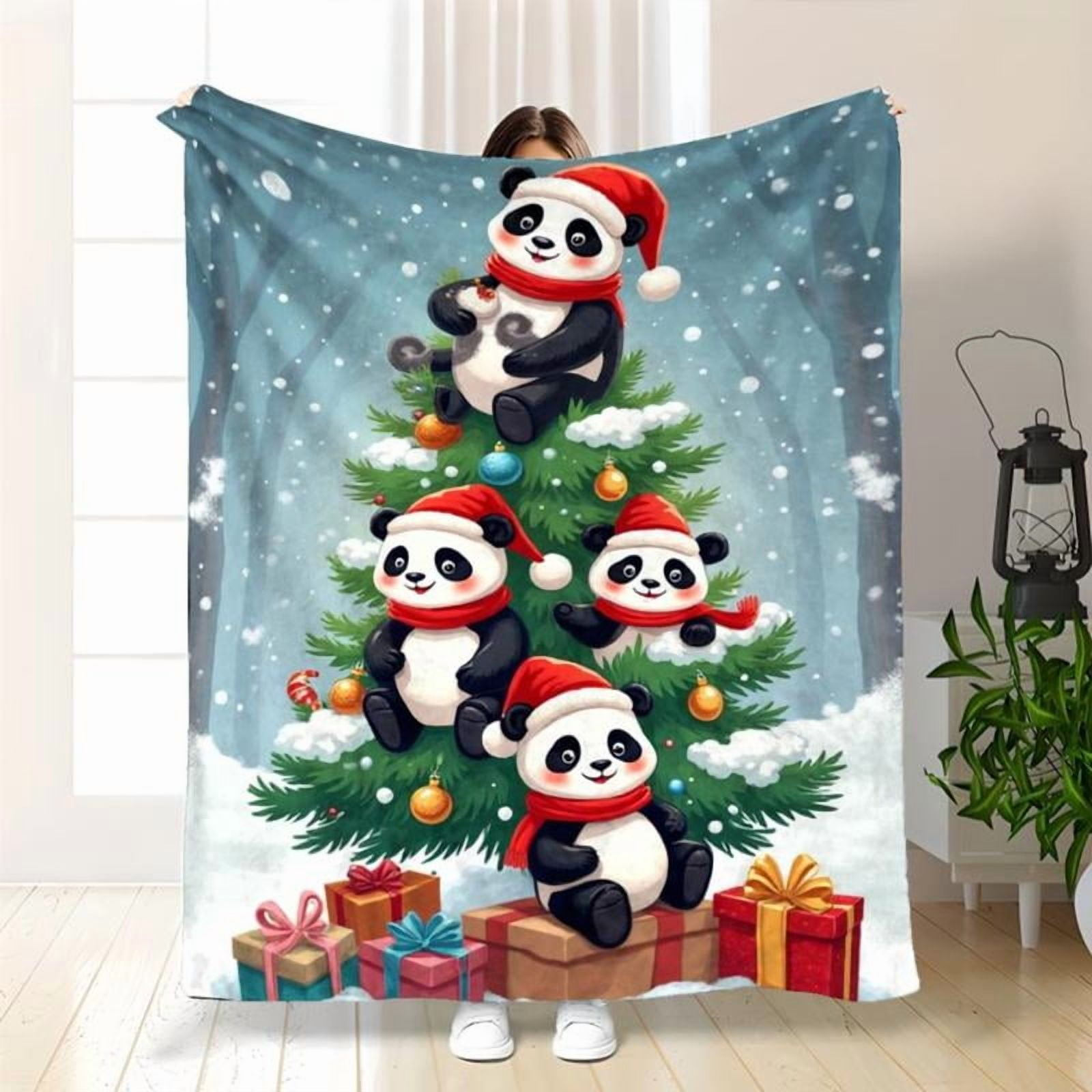 Festive Christmas Panda Tree Flannel Throw - Cozy Blanket with Panda ...