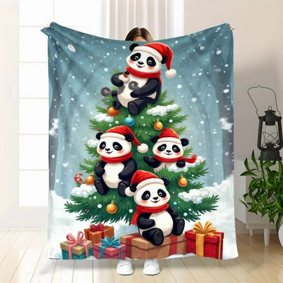Festive Christmas Panda Tree Flannel Throw - Cozy Blanket with Panda ...