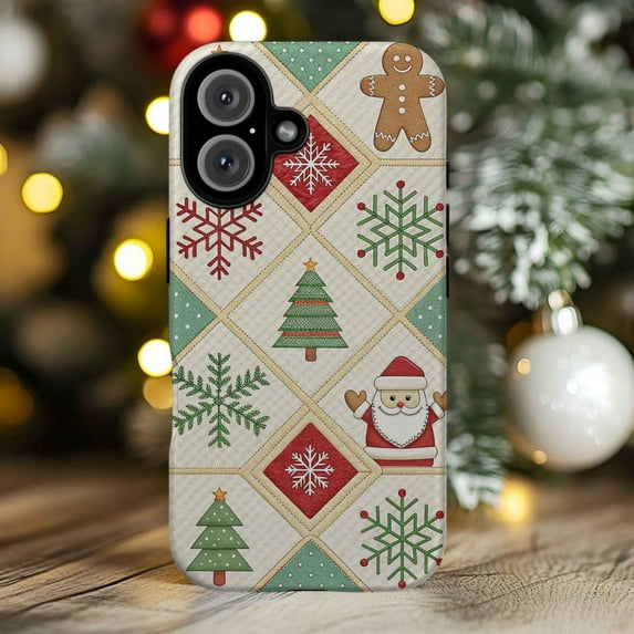 Festive Christmas Patchwork Quilted Tough Phone Case for iPhone 11,12,13,14,15,16,17 Models ...