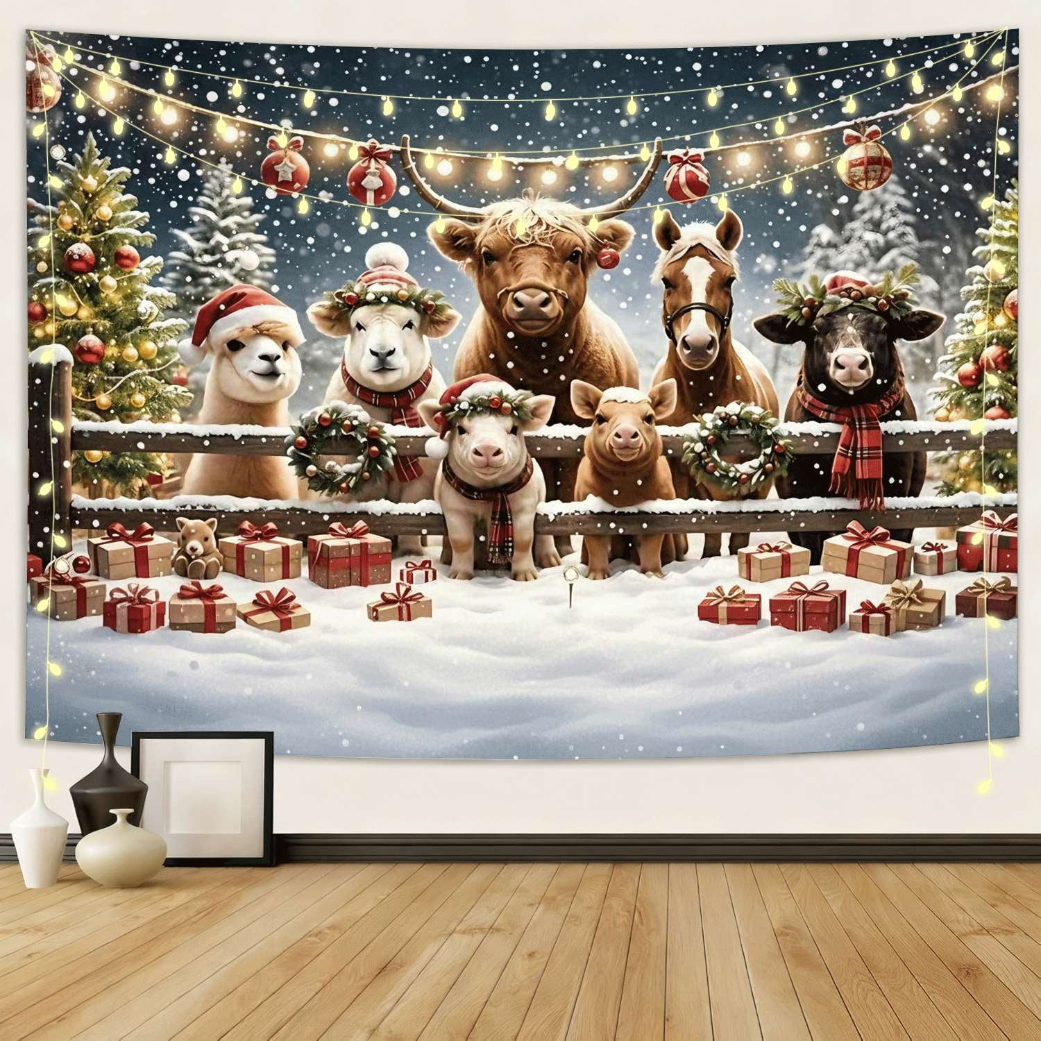 Festive Christmas Tapestry Farm Animals in Snow, Holiday Gift Scene ...
