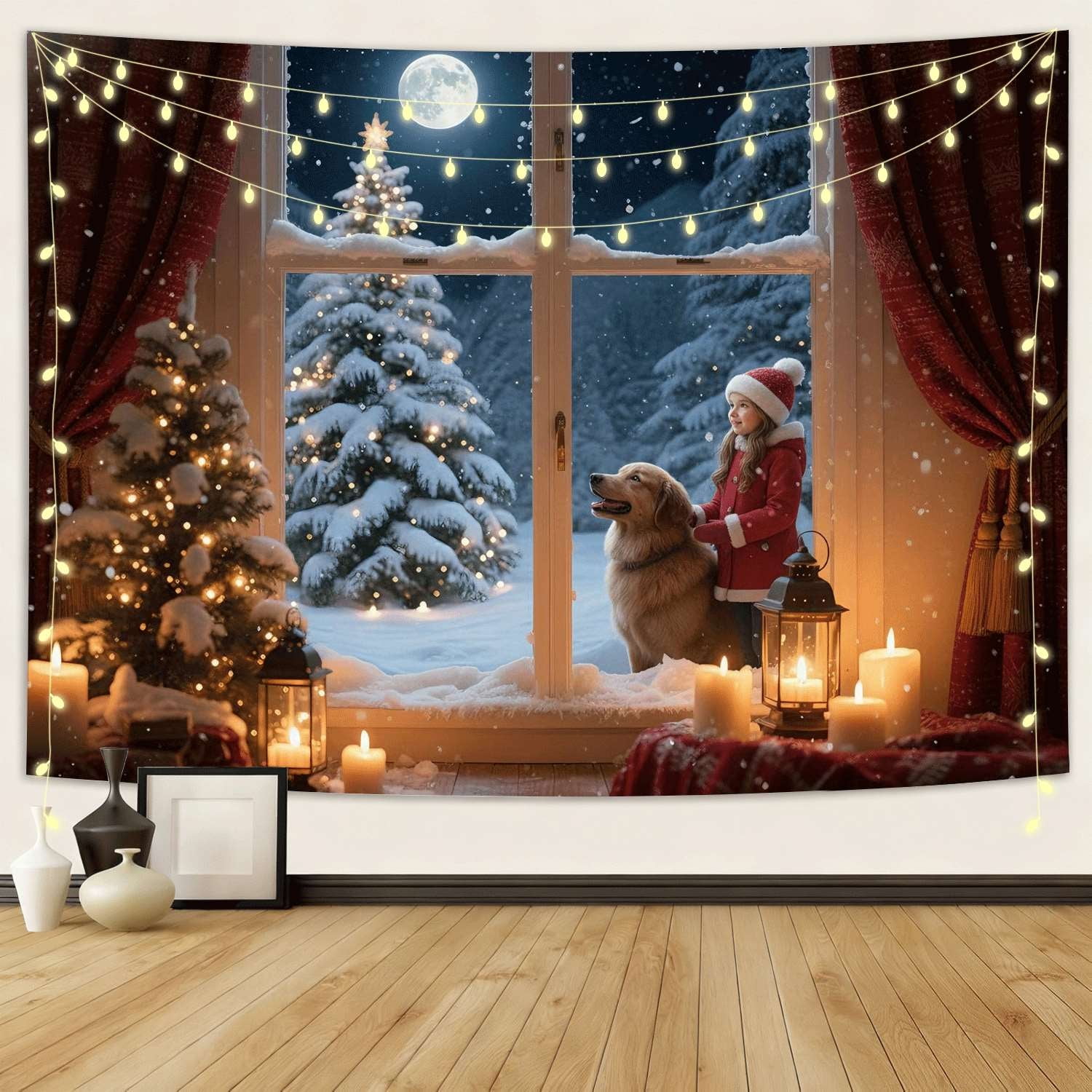 Festive Christmas Tapestry Winter Wonderland Window Scene, Cozy Room ...