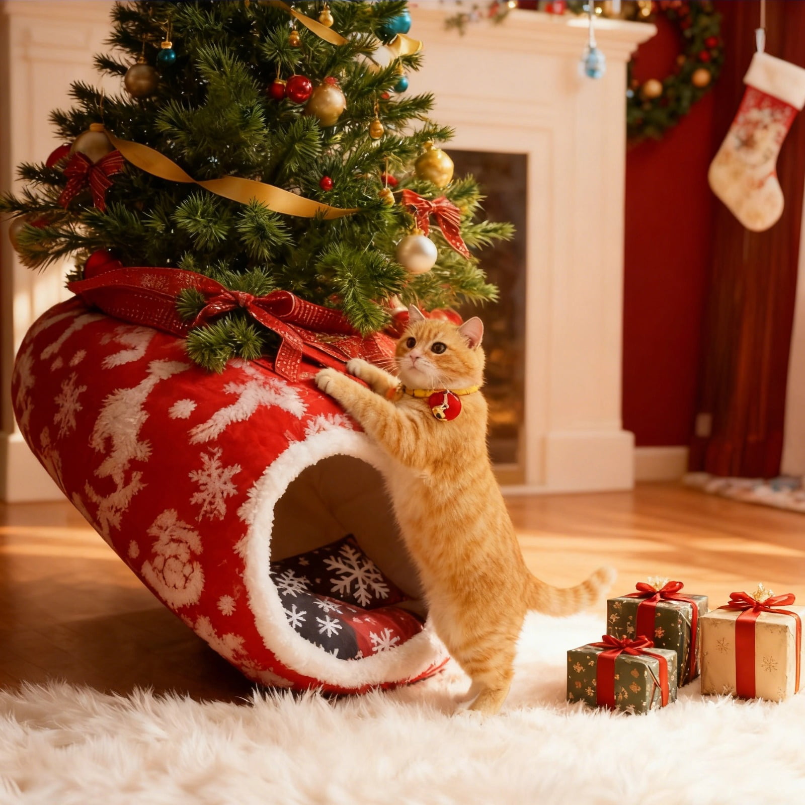 Festive Christmas Tree Cat Bed - 90cm/35in Circumference, Soft Plush ...