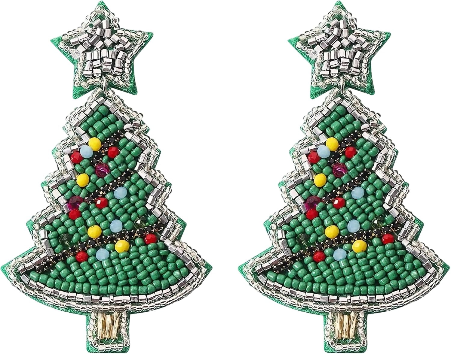 Festive Christmas Tree Earrings for Women, Handmade Green Beaded Dangle ...