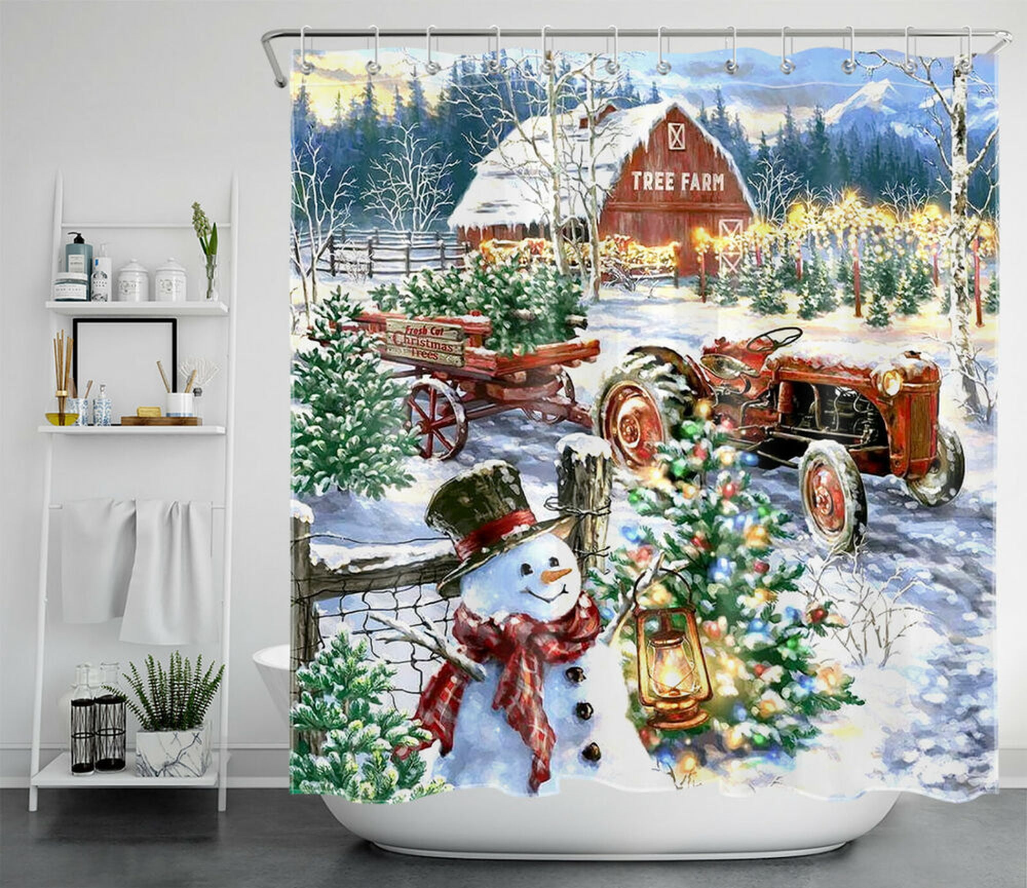 Christmas Tree Tractor Farm Christmas Shower Curtain Bathroom ...