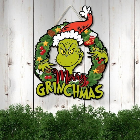 Festive Christmas Wreath with Green Character Door Sign, Merry ...