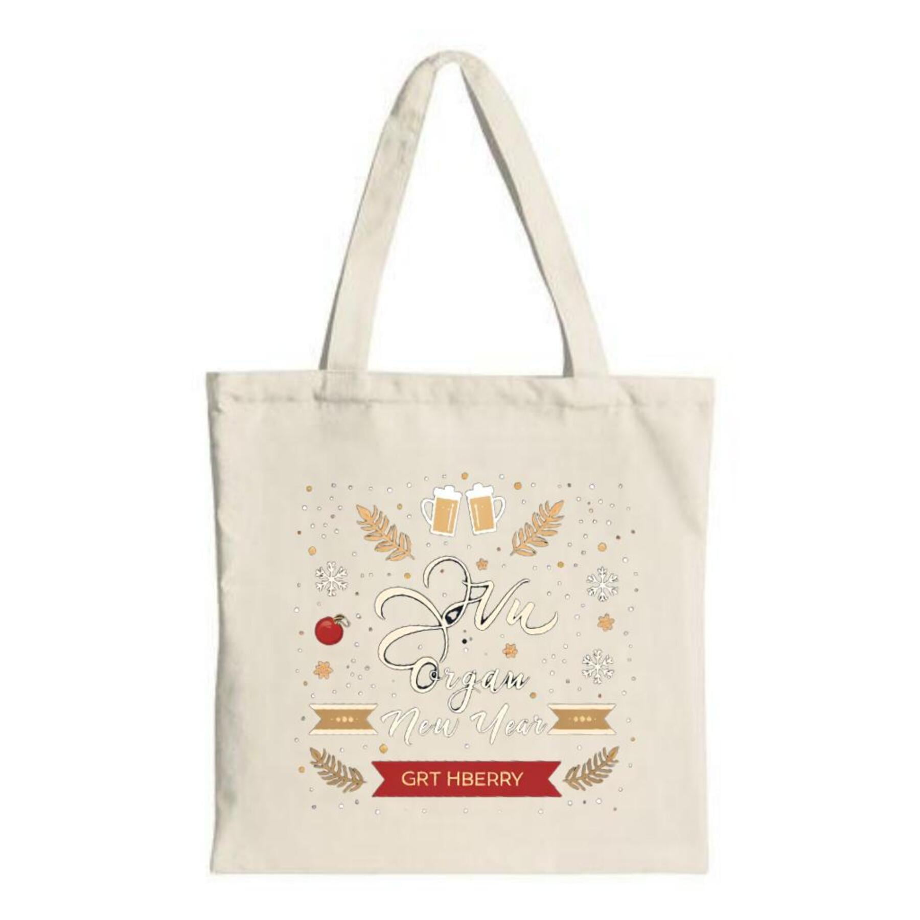 Festive Cream Canvas Tote Bag with Golden Stars ' GRT HBERRY ' Red ...