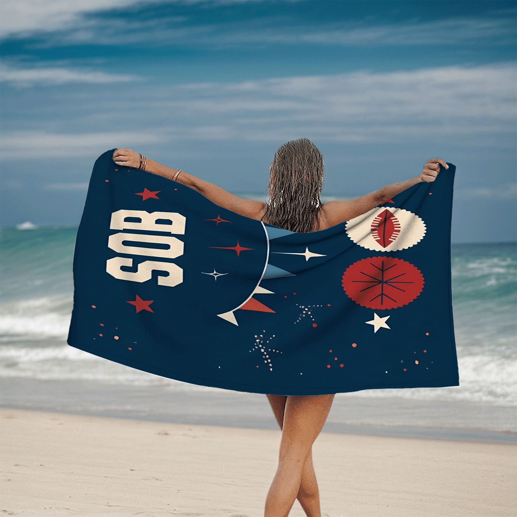 Festive Dark Blue Beach Towel with Bold ' SOB ' Design Triangular Red ...