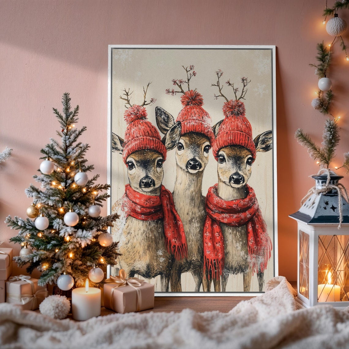 Festive Deer Trio Poster Reindeer Wall Art Winter Animal Posterdecor ...