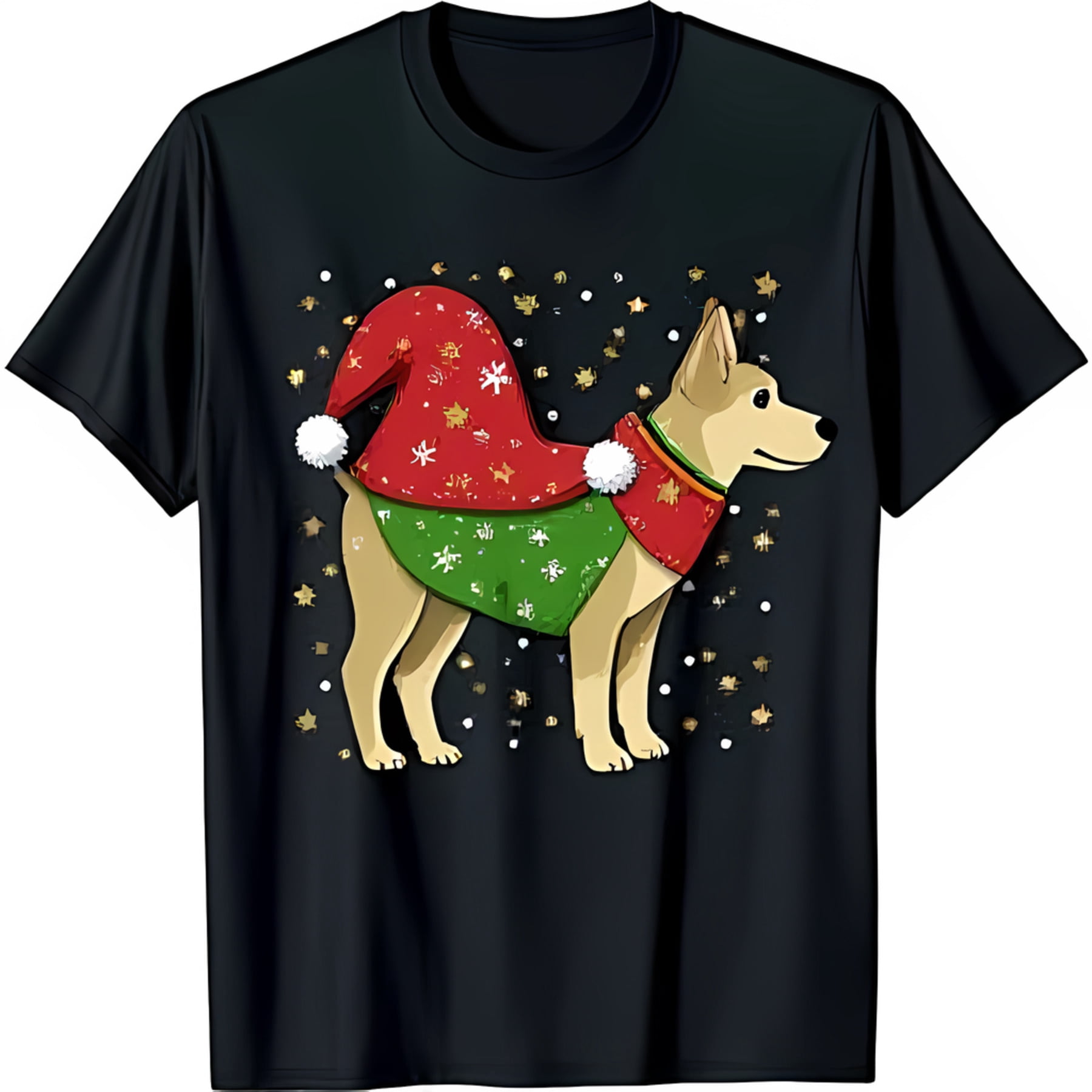 Festive Dog Christmas T-Shirt Light Brown Dog in Santa Hat & Scarf on ...