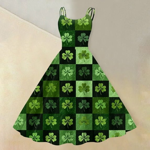 Festive Dress Women's Shamrock Print A Line Party Dress for St Patrick ...