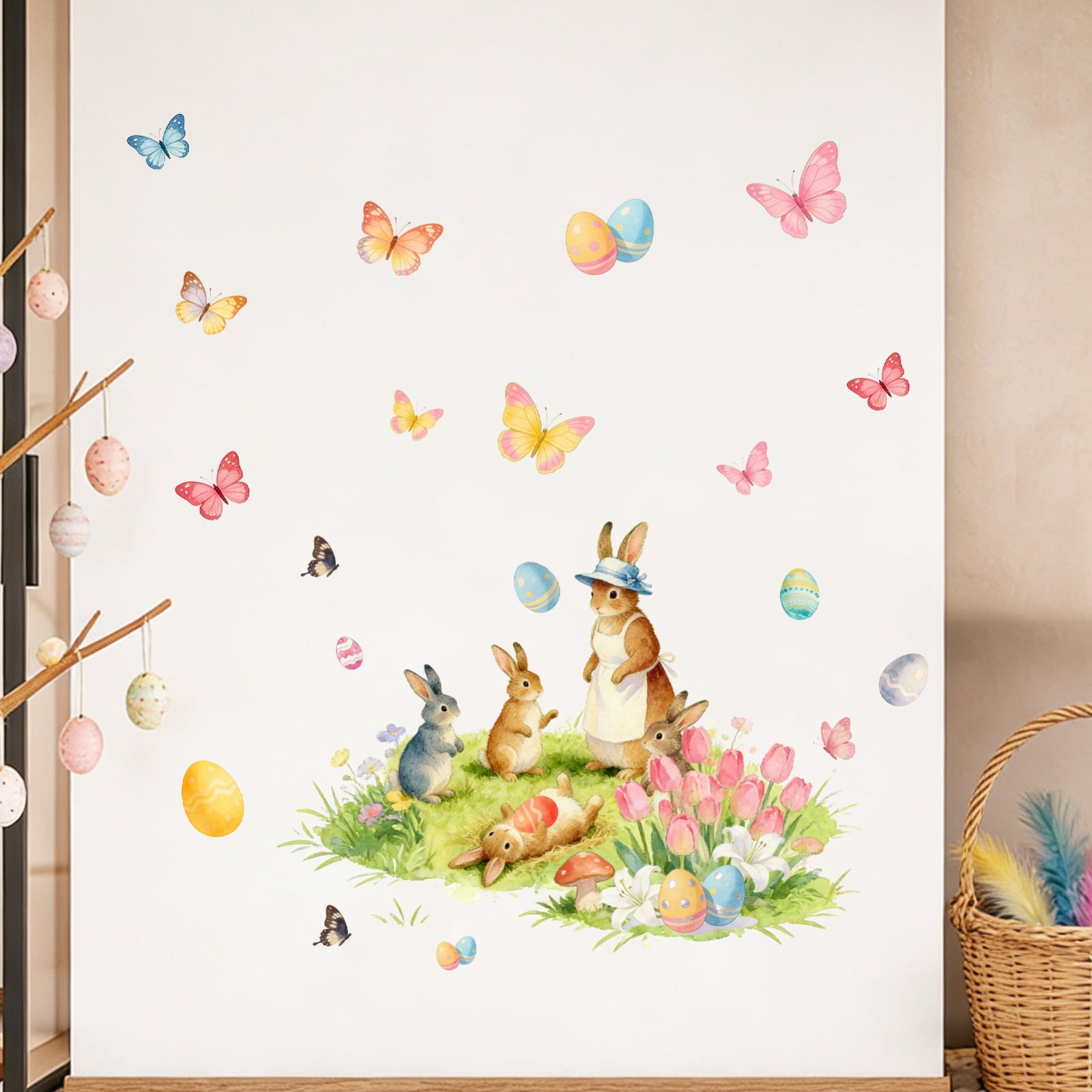 Festive Easter Wall Stickers, Colorful Bunny Egg Decals for Living Room ...