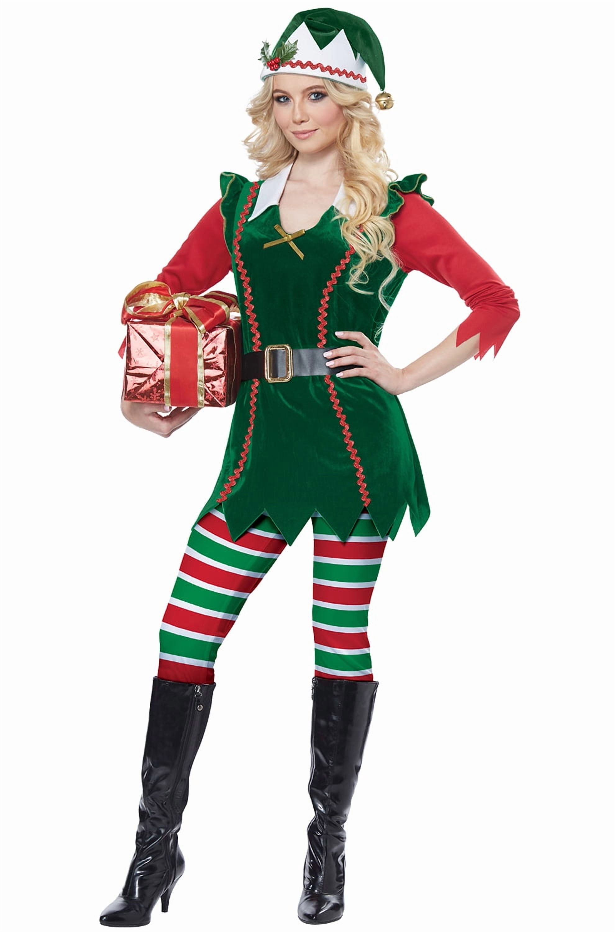 Festive Elf Adult Women's Christmas Holiday X-Mas Costume Green Velvety ...