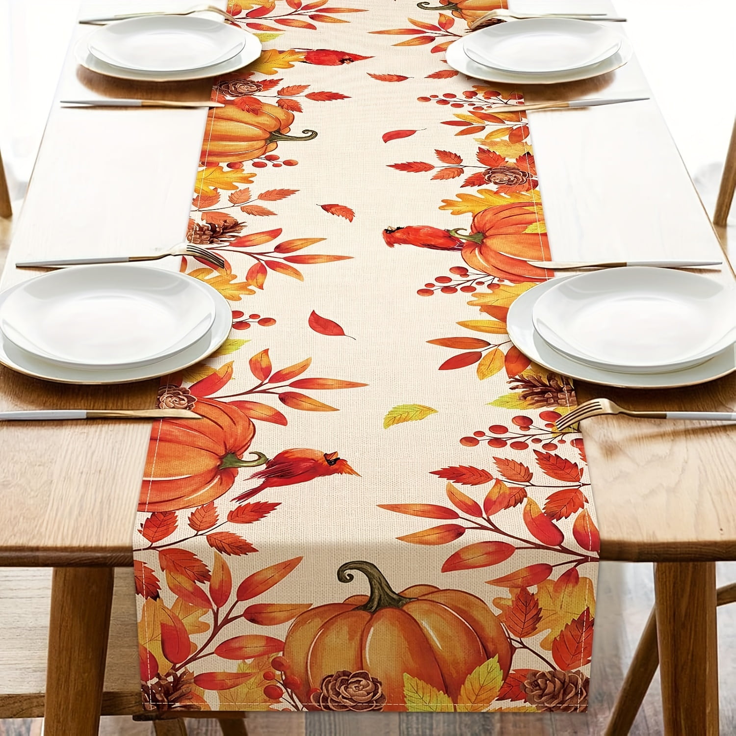 Festive Fall Table Runner Autumn Harvest Thanksgiving Red Birds Pine ...