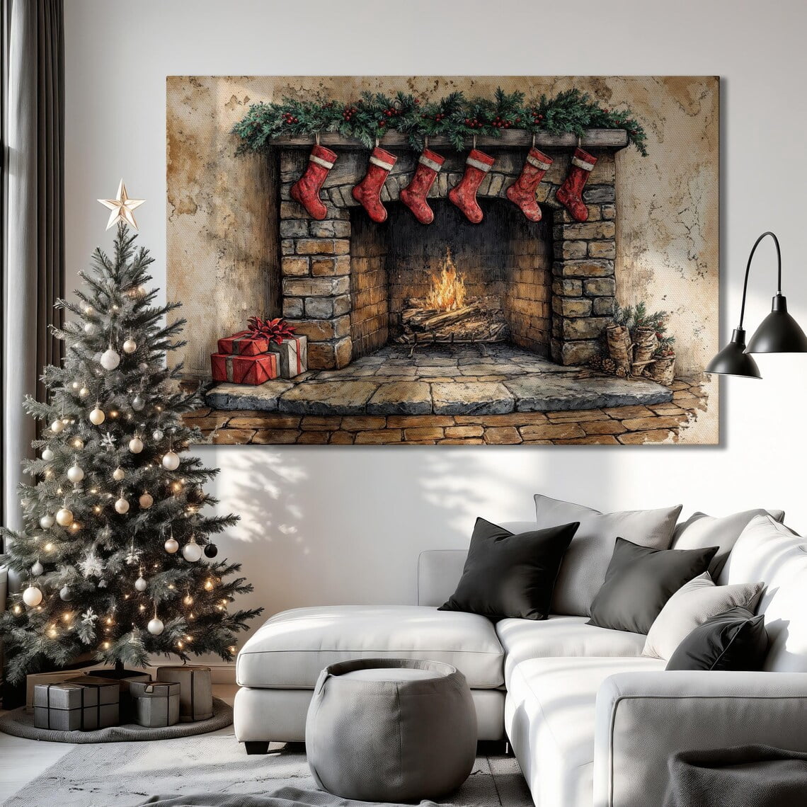 Festive Fireplace With Stockings And Gifts Wall Art Rustic Poster Cozy ...