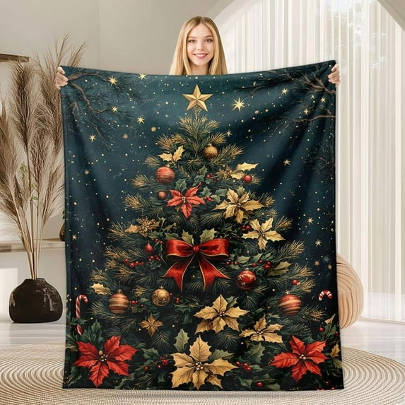 Festive Flannel Christmas Blanket - Pink Gingerbread & Tree Design, Soft Warm All-Season Throw ...