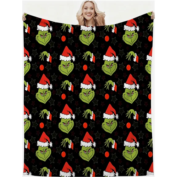 Festive Flannel Throw Blanket With A HolidayThemed Grinched Print ...