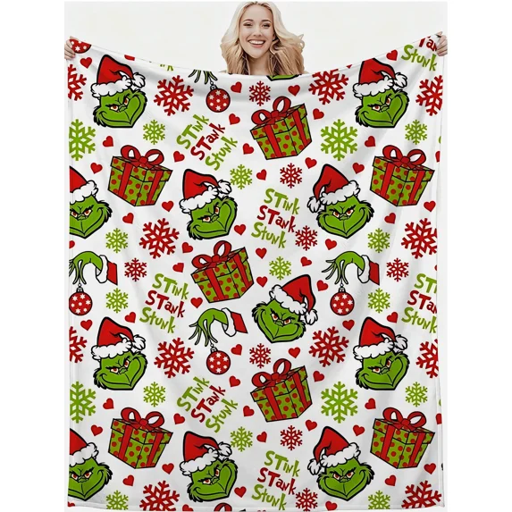 Festive Flannel Throw Blanket With A HolidayThemed Grinched Print ...
